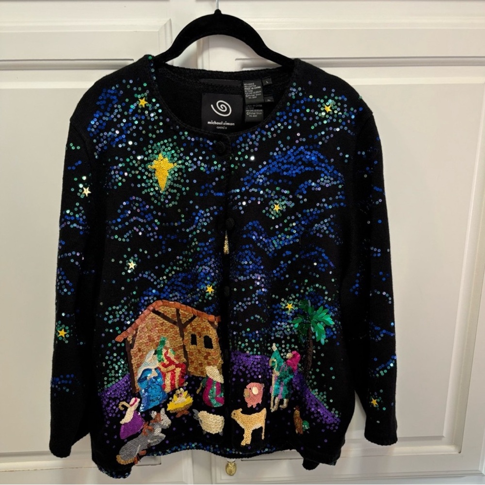 Michael Simon Black Sequin Nativity Holiday Cardigan … - Gem